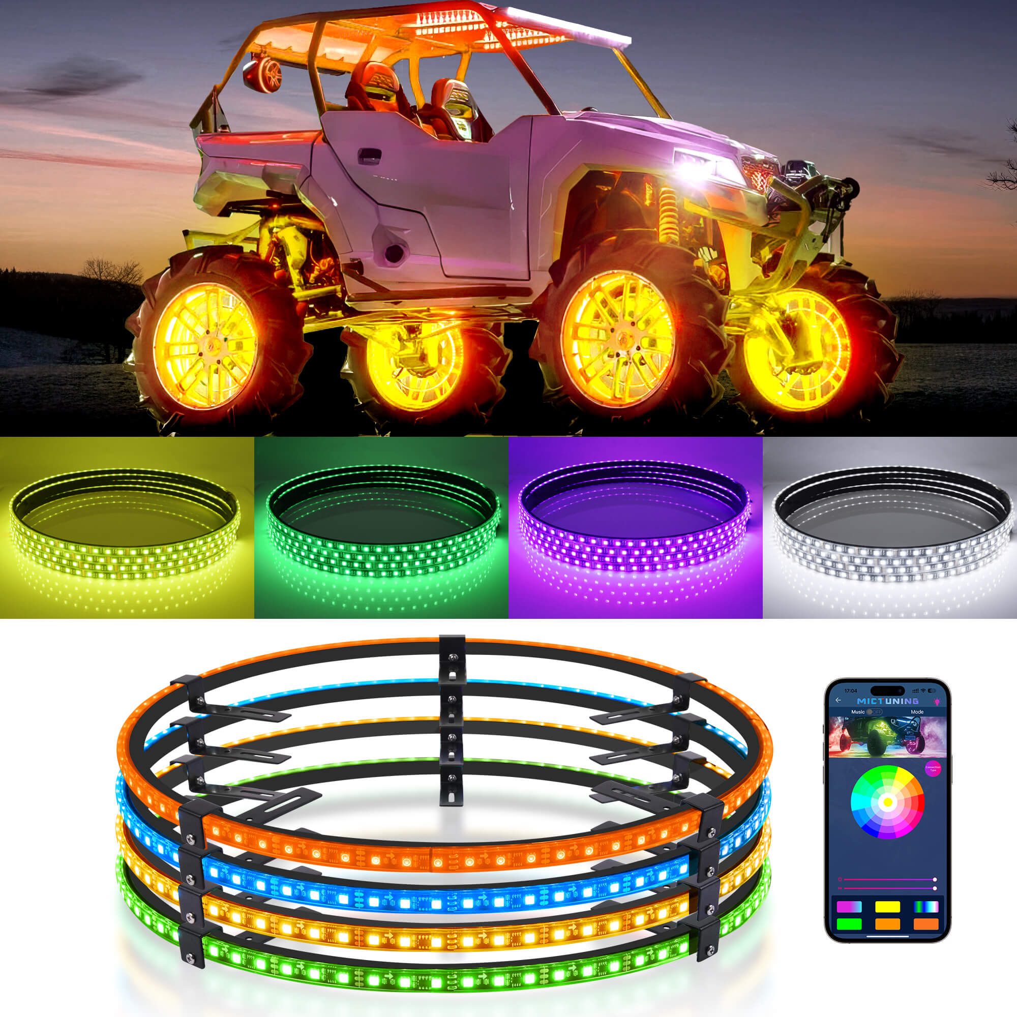 17.5″ RGBW LED Wheel Ring Lights 4pcs MICTUNING, Wheel Light For Truck ...