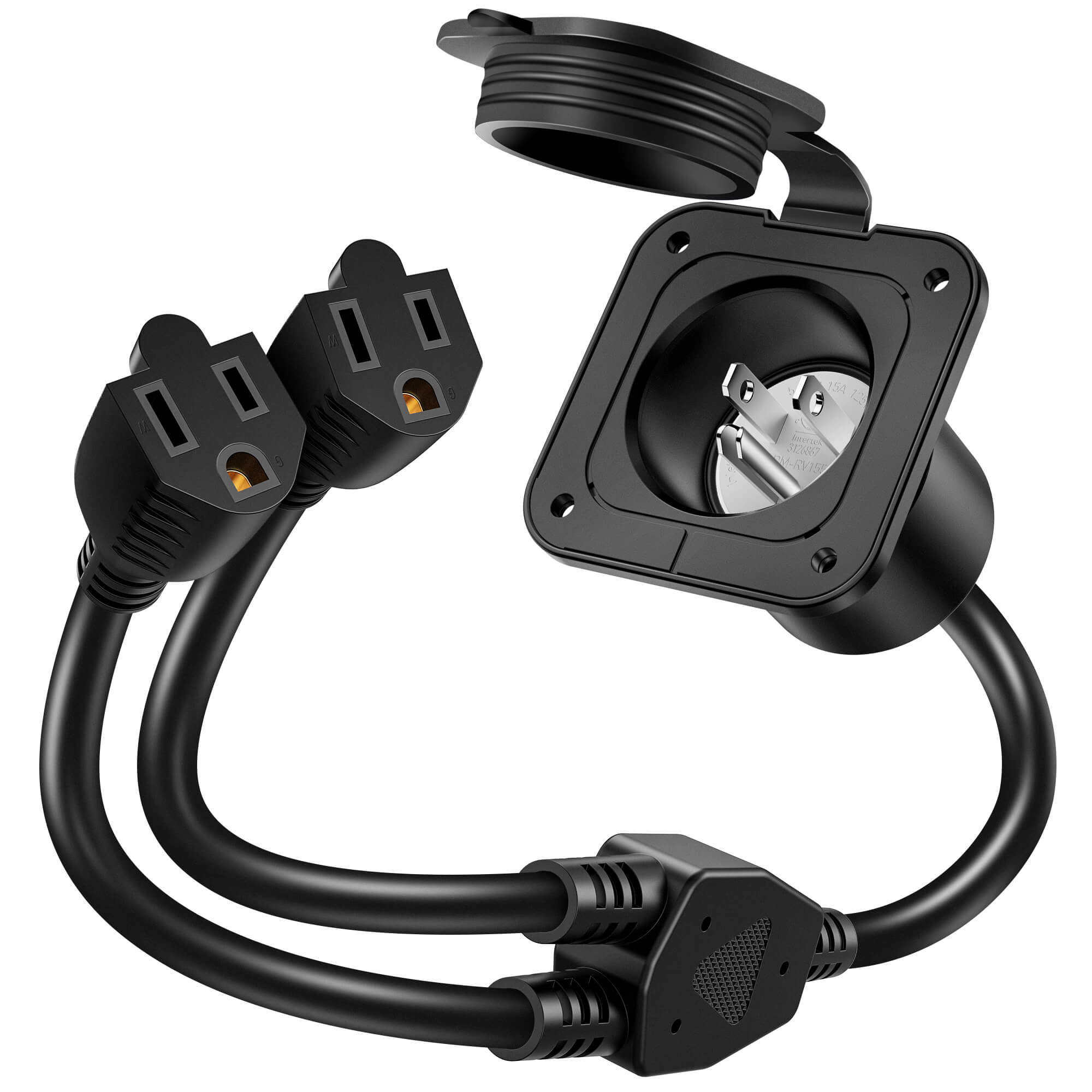 15A NEMA 5-15P Shore Power Inlet with Dual 18" Extension Cords Y Split