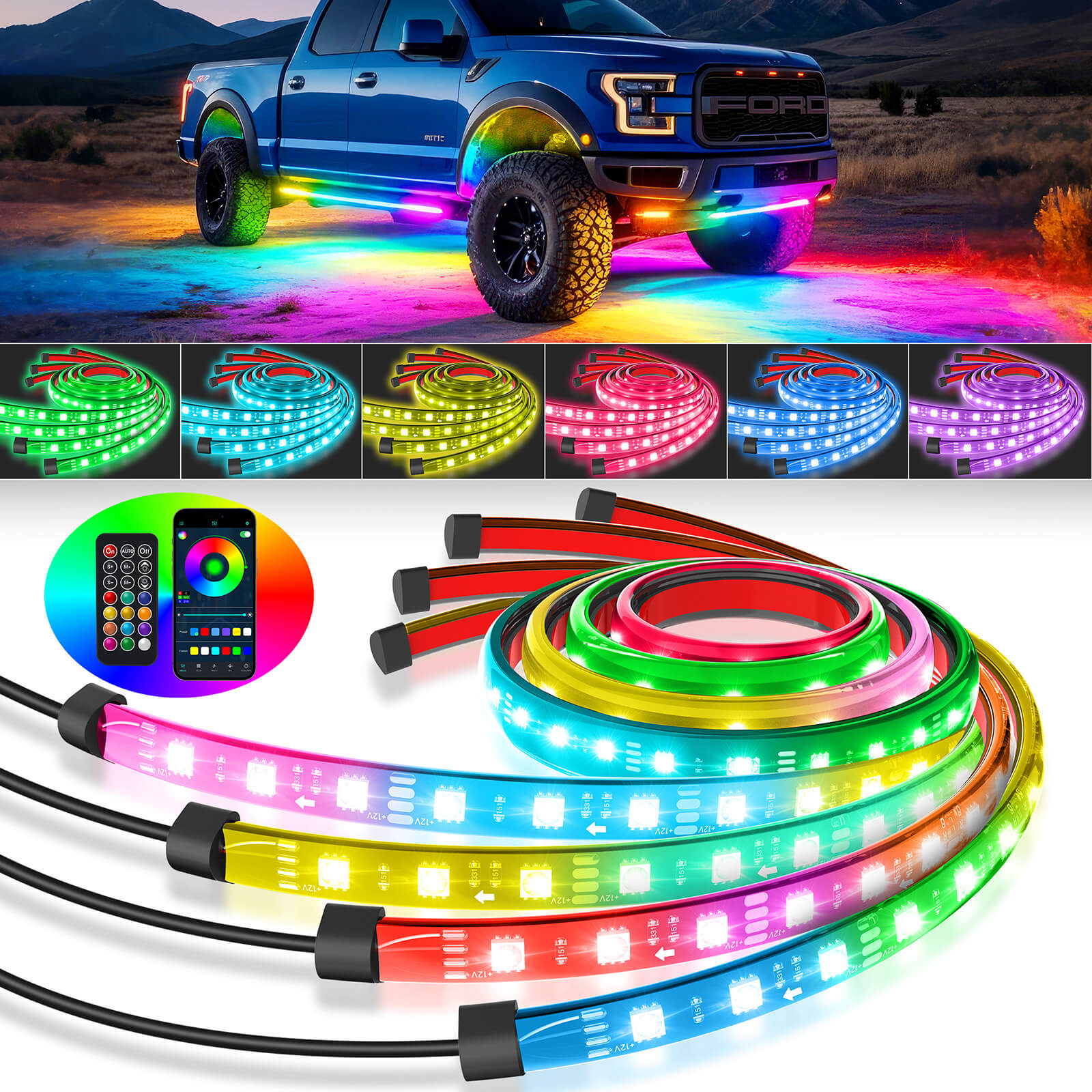 RGB+IC Car Underglow Neon Accent Strip Lights, 2x35″+2x47″/4x35″+2x47 ...