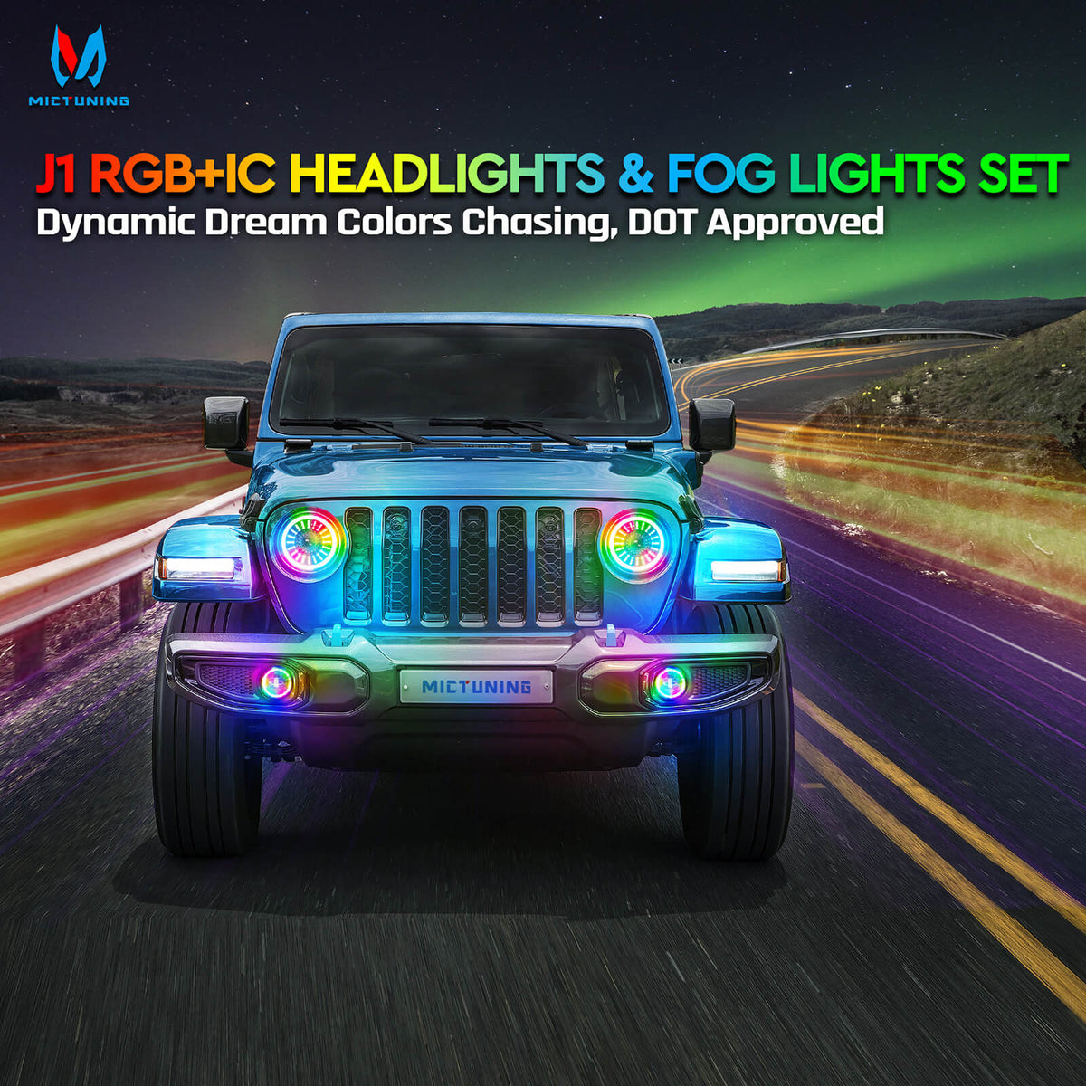 7″ Jeep Wrangler Multi-color Chasing Halo Headlights + Fog Lights ...