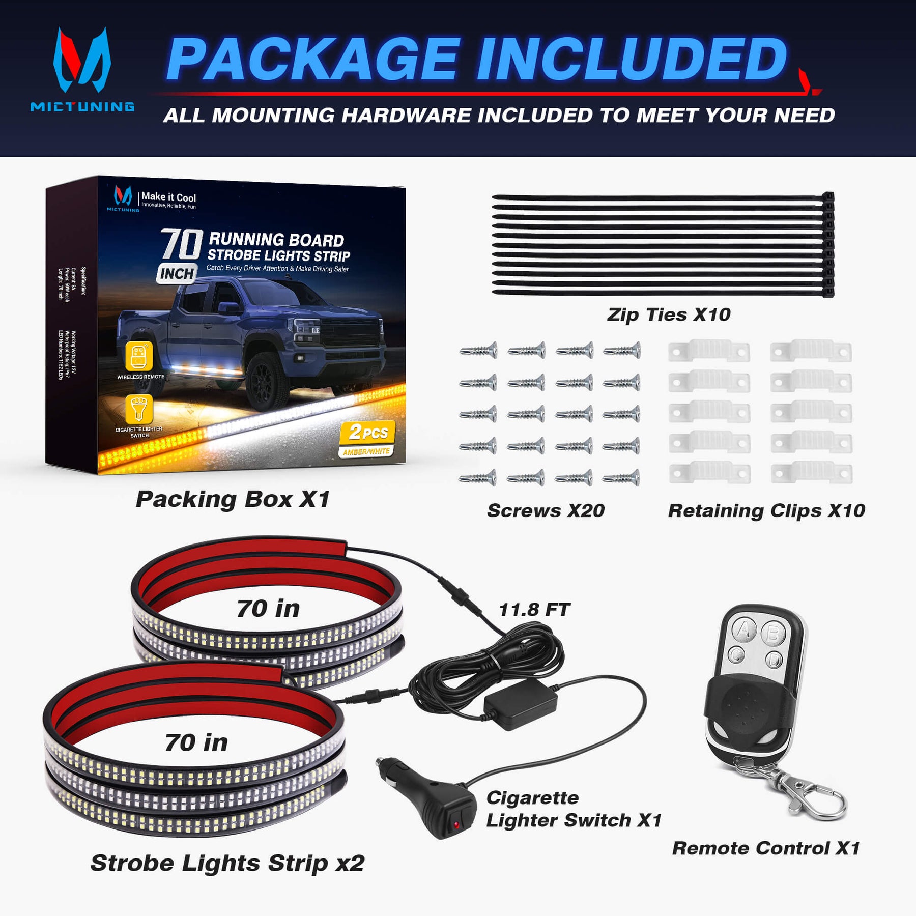 2PCS 70″ Running Board Lights Bar MICTUNING, 1152 LEDs Safety Warning ...