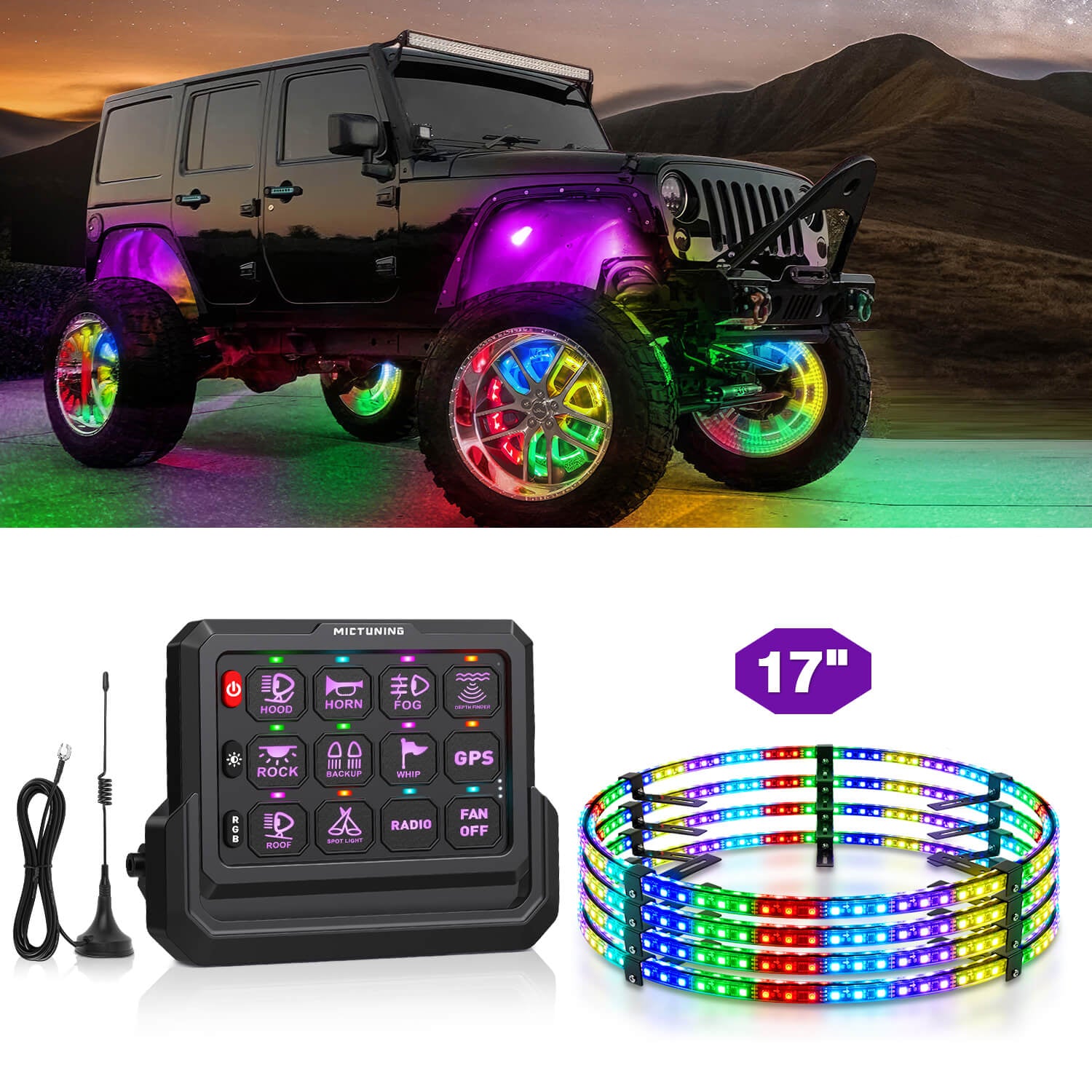 MICTUNING V1 RGB+IC Wheel Ring Lights Kit Bundle with P1s-W Wireless ...